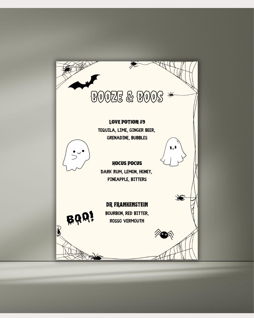 Halloween Cocktail Party Menu "booze + Boos" — Editable Canva Template ...