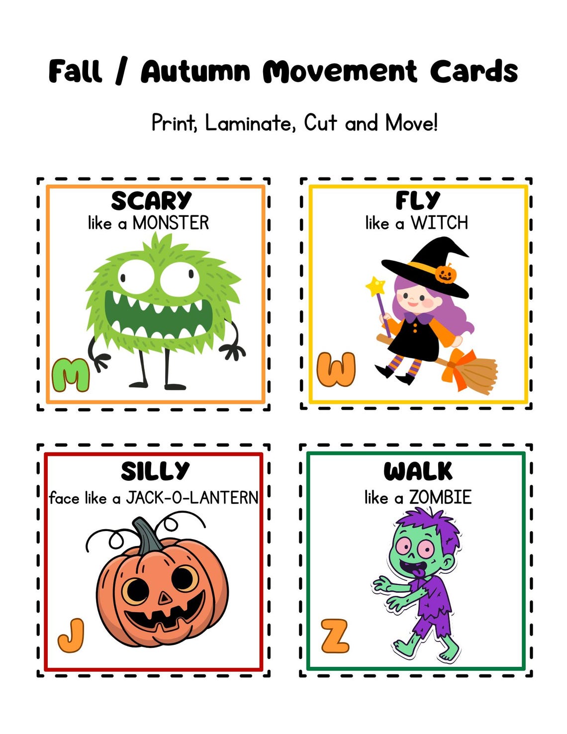 Fall Movement Cards - Including Fall/autumn, Thanksgiving and Halloween ...