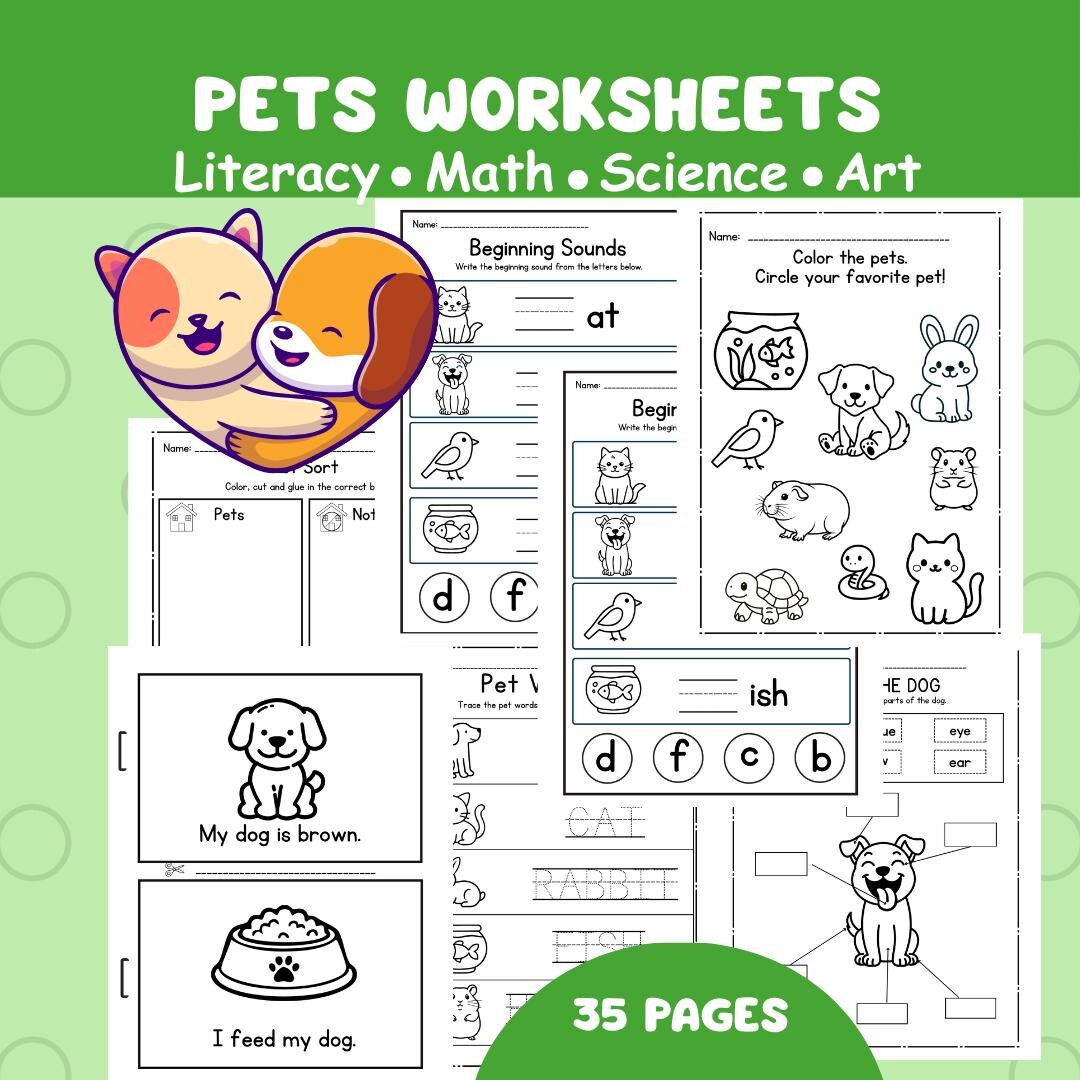 Pets Activity Worksheets: Pre-k and Preschool Literacy, Math, Science ...