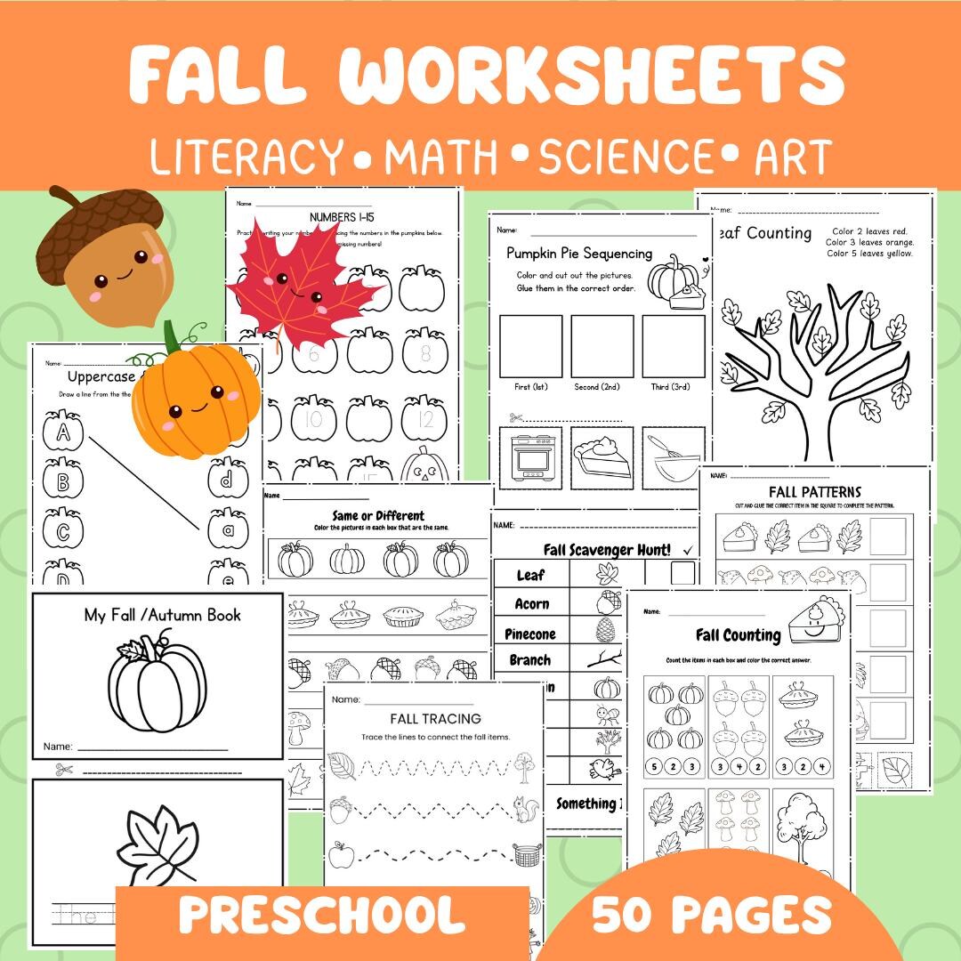 Fall Activity Worksheets: Preschool Literacy, Math & Art (printable) - Etsy