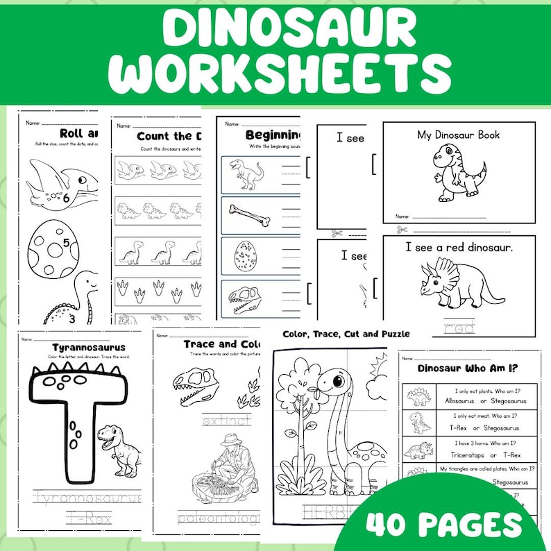 Dinosaur Activity Worksheets - Pre-k, Preschool Literacy, Math, Science ...