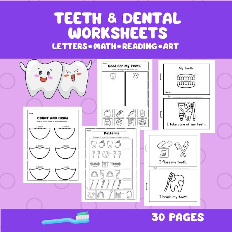 Teeth and Dental Activity Worksheets: Preschool Literacy, Math, Numbers ...
