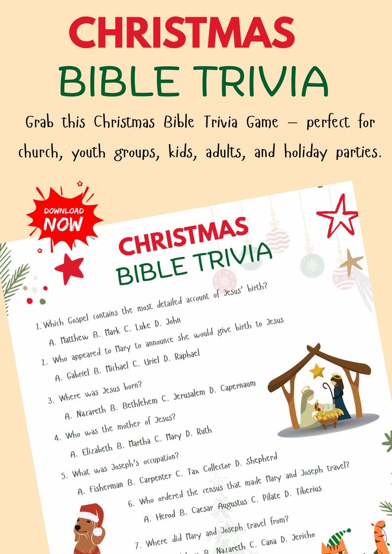 Christmas Bible Trivia Printable, Nativity Quiz Game, Church Christmas ...