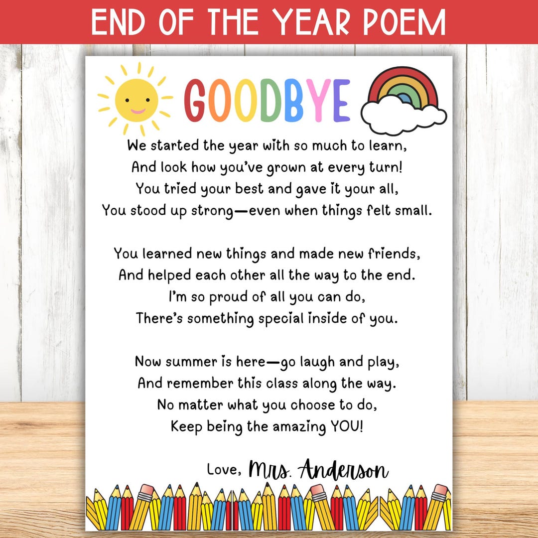 End of Year Poem From Teacher, Goodbye Letter to Student, End of the ...