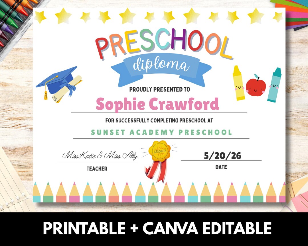 Preschool Graduation Certificate, Editable Preschool Diploma, 2026 ...