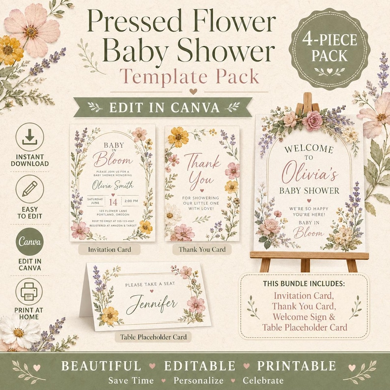 Baby Announcement, Floral Baby Shower Template Pack, Editable Canva ...