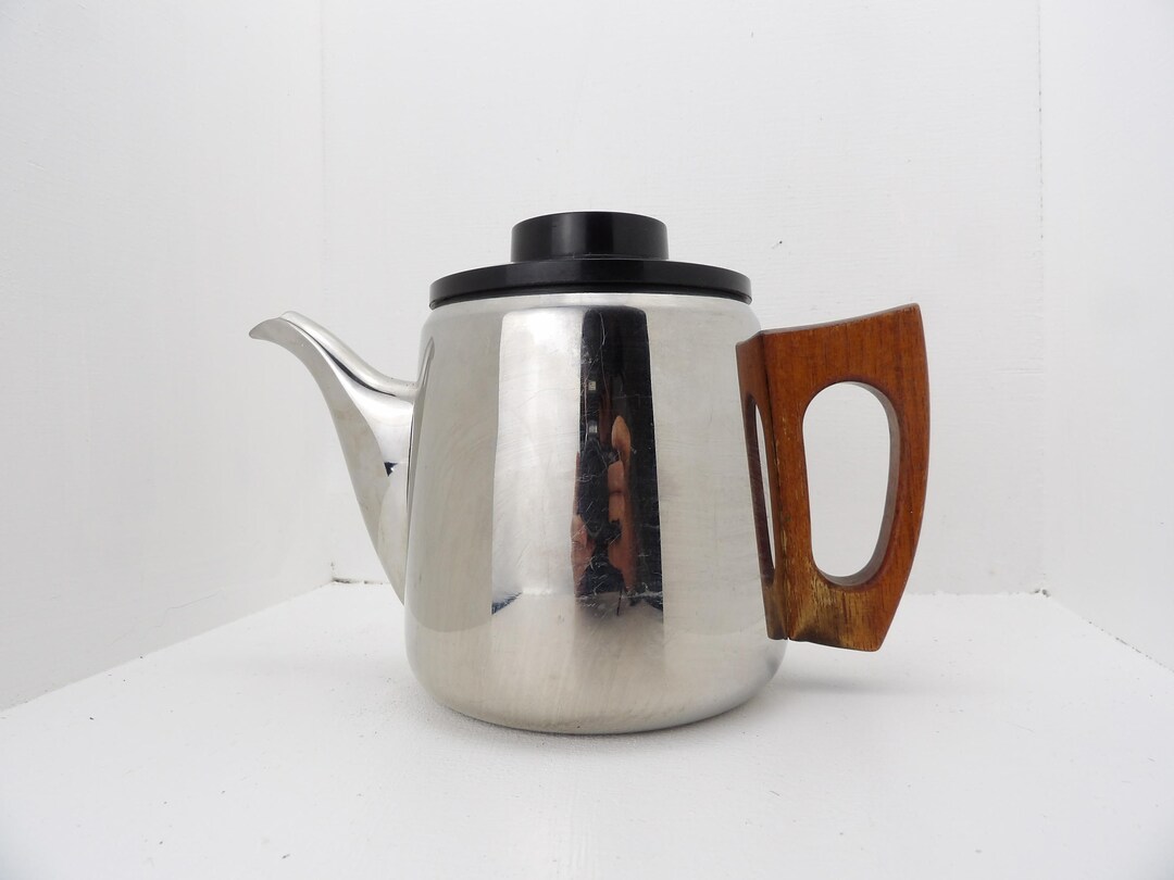 Sona Vintage MCM Teapot. Stainless Steel With Wooden Handle. Classic ...