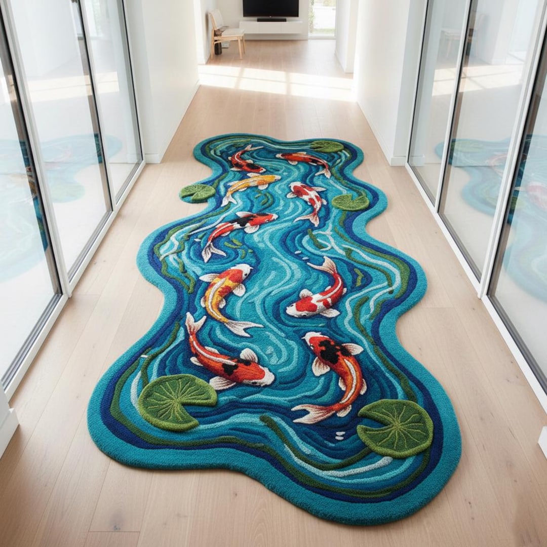 Hand Tufted Wool Koi Fish Runner Rug | Japanese Pond Carpet - Etsy