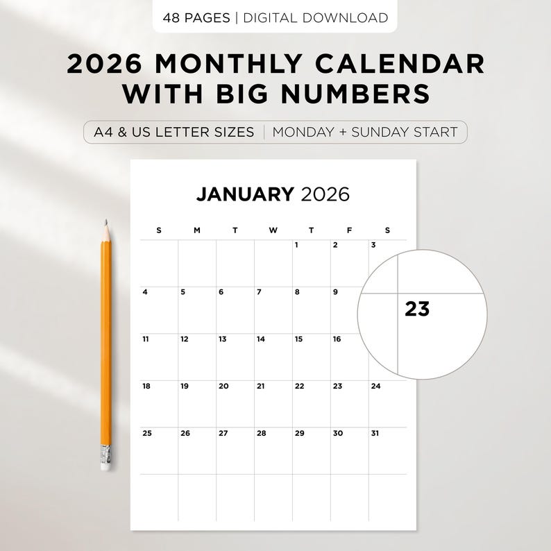 Large Print Monthly Calendar 2026 | Sunday & Monday Start | Big Numbers ...