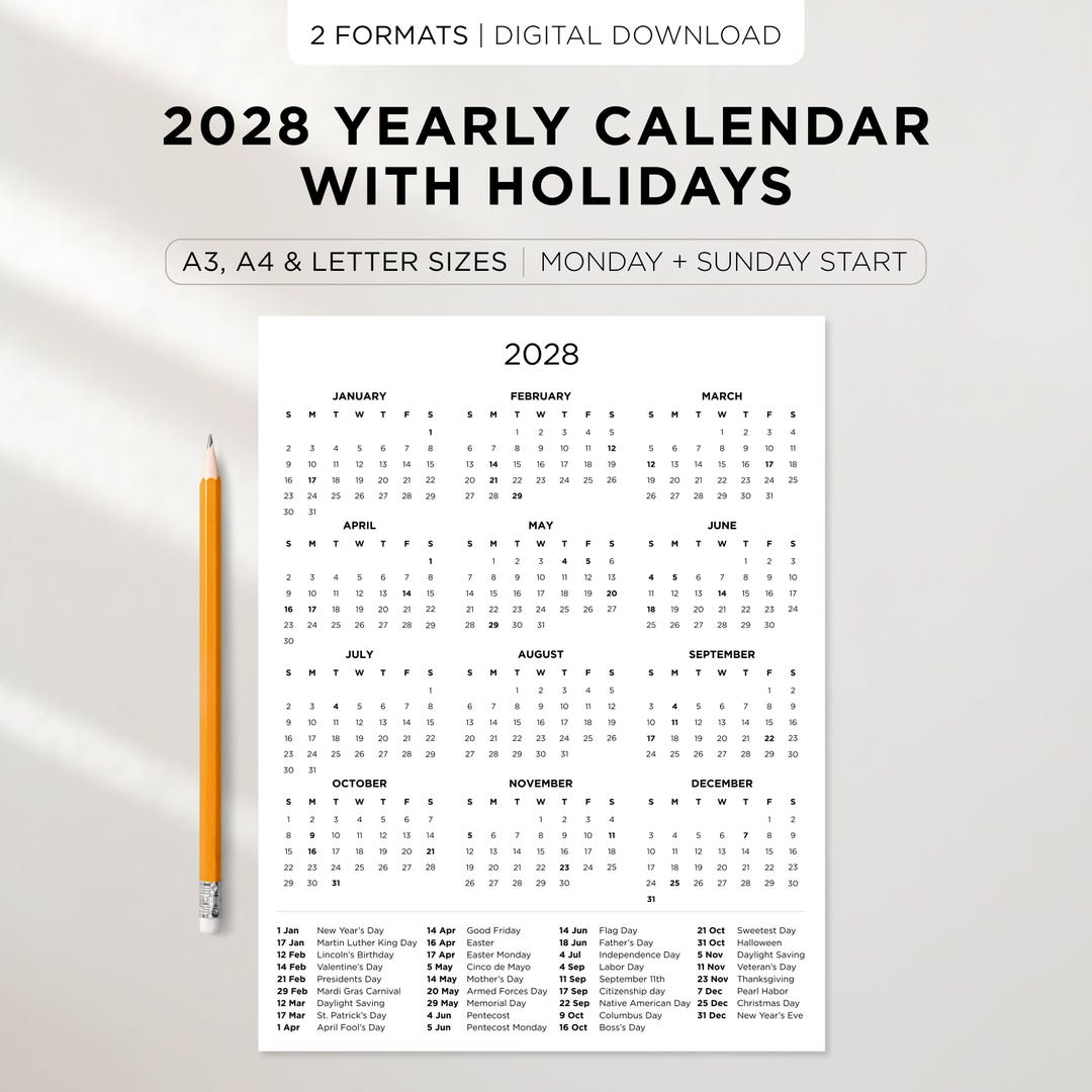 2028 Wall Calendar Printable | Yearly Calendar With Holidays | Vertical ...