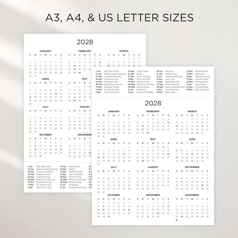 2028 Wall Calendar Printable | Yearly Calendar With Holidays | Vertical ...