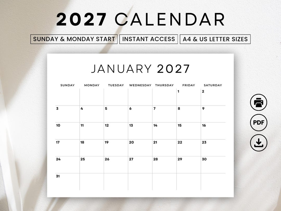 2027 Monthly Calendar Printable | Sunday & Monday Start | Big Numbers ...