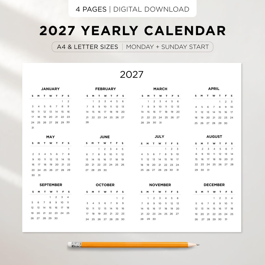 2027 Yearly Calendar Landscape | Minimal Wall Planner | Year Overview ...