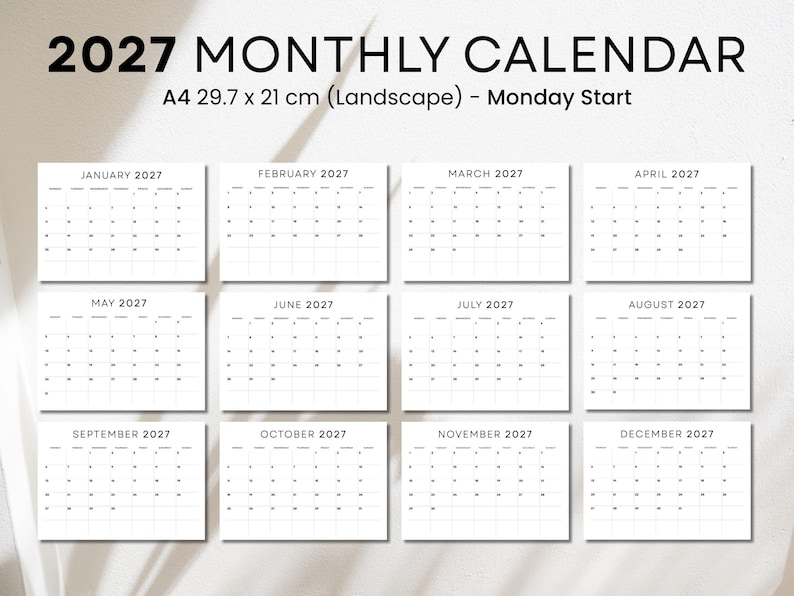 2027 Monthly Calendar Printable | Sunday & Monday Start | Big Numbers ...
