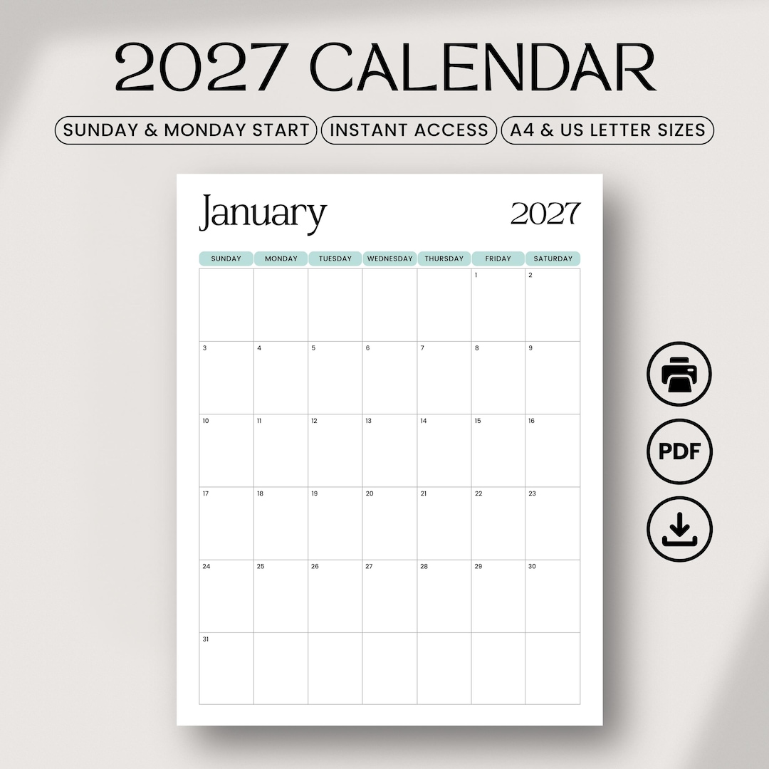 2027 Printable Calendar | Simple Minimal Planner | Sunday and Monday ...