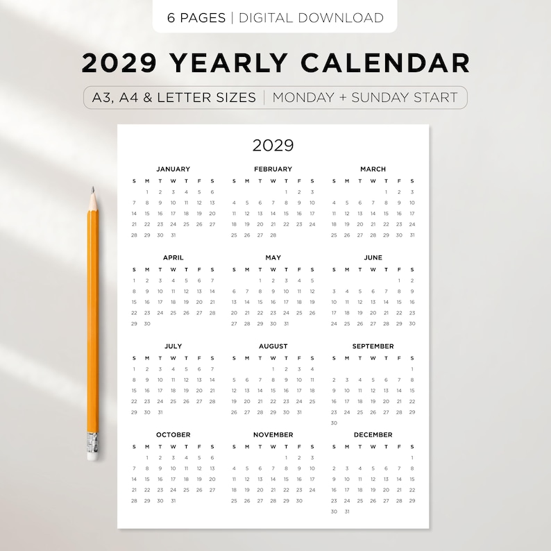 2029 Yearly Calendar Printable | Year at a Glance | Vertical Year ...