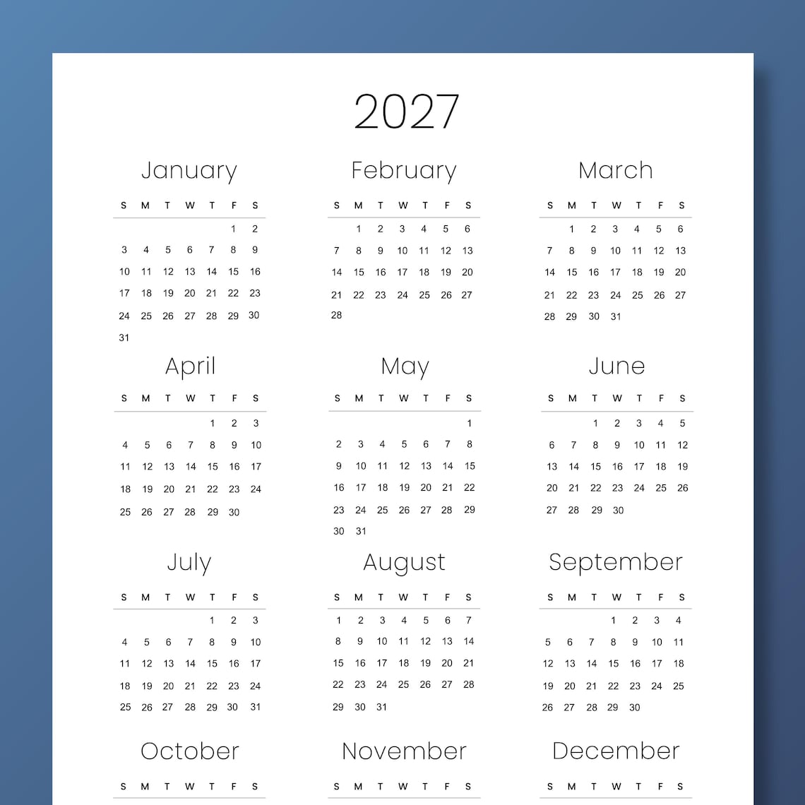 2027 Yearly Calendar Printable | Year at a Glance | Print at Home ...