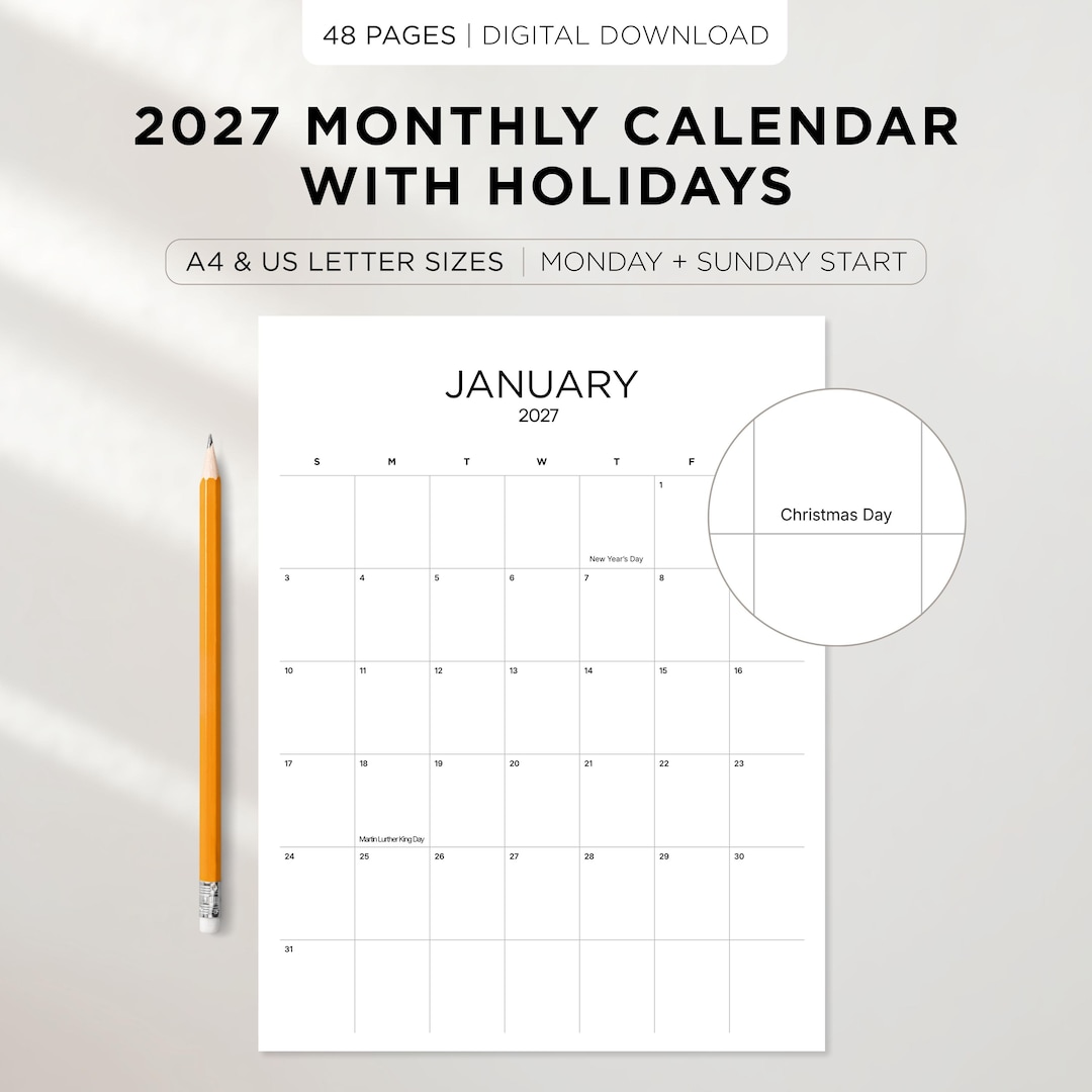 2027 Monthly Calendar With Holidays | Printable Portrait Calendar ...