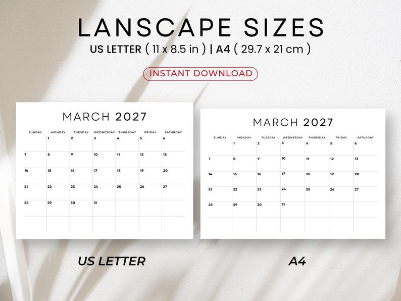 2027 Monthly Calendar Printable | Sunday & Monday Start | Big Numbers ...