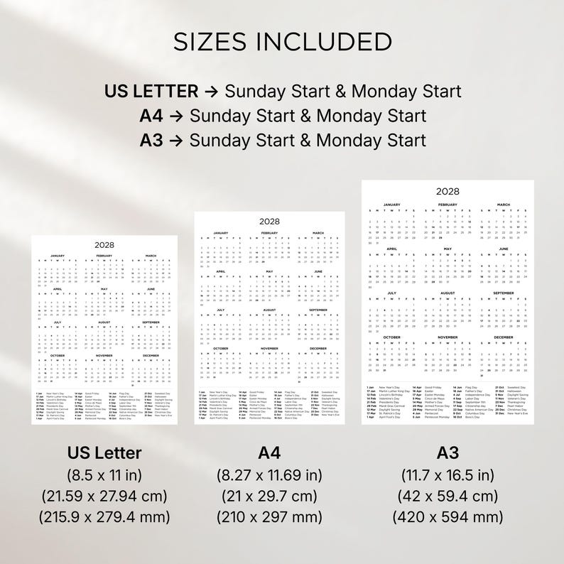 2028 Wall Calendar Printable | Yearly Calendar With Holidays | Vertical ...