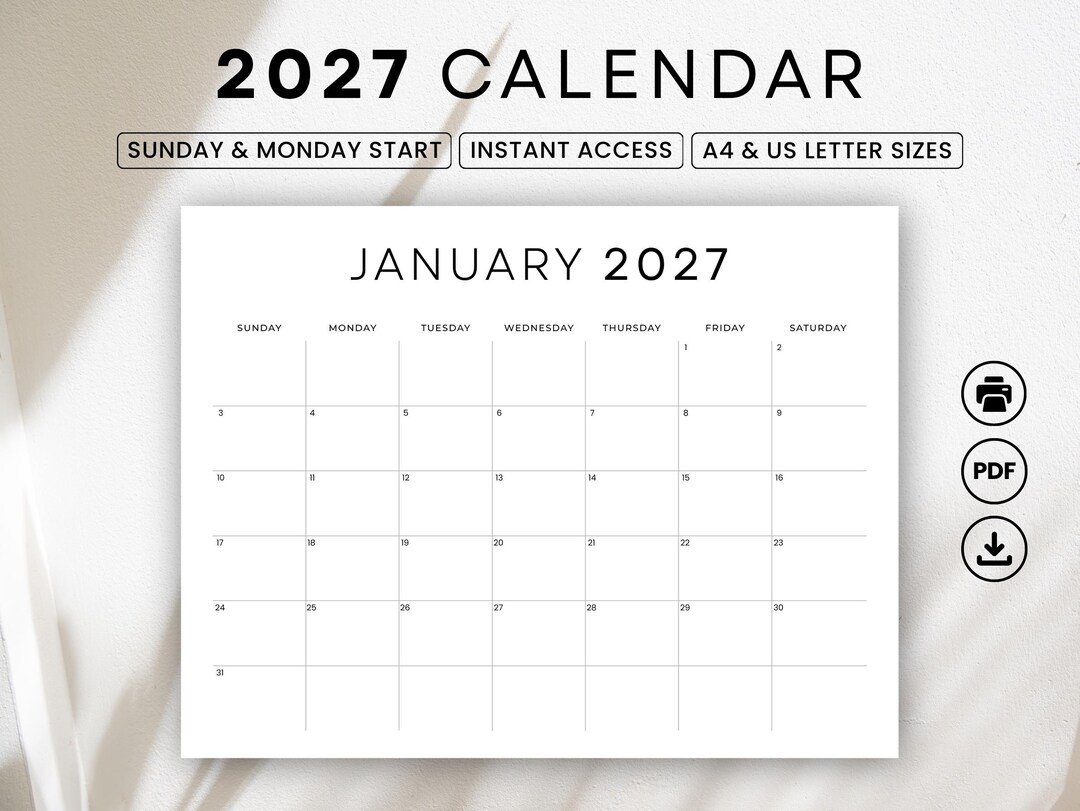 2027 Landscape Calendar Printable | Minimal Monthly Planner | A4 and US ...