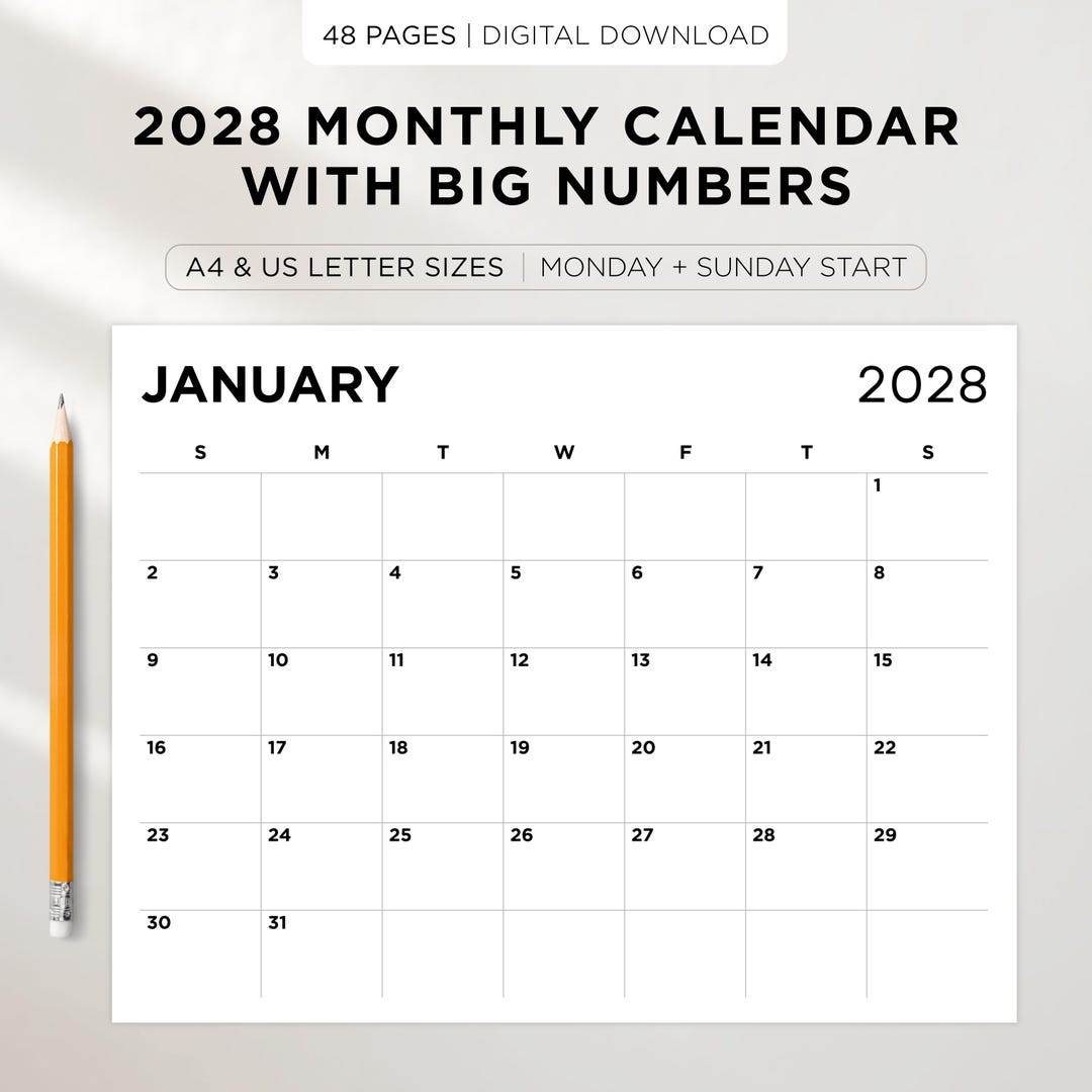 2028 Monthly Calendar Printable - Minimalist Wall Planner With Big ...