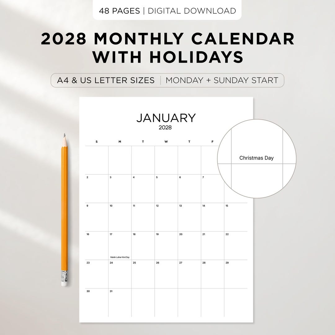 2028 Monthly Calendar With Holidays | Printable Portrait Calendar ...