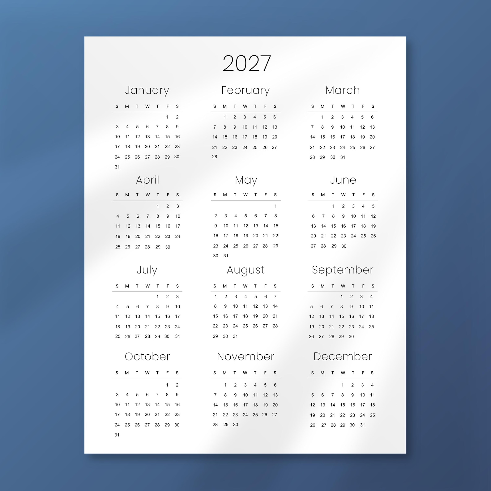 2027 Yearly Calendar Printable | Year at a Glance | Print at Home ...