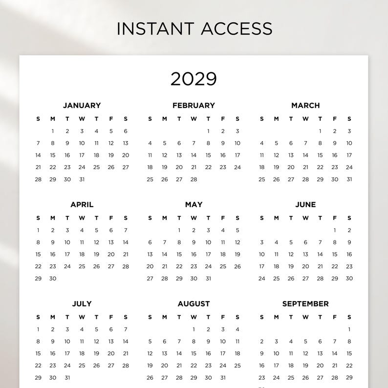 2029 Yearly Calendar Printable | Year at a Glance | Vertical Year ...