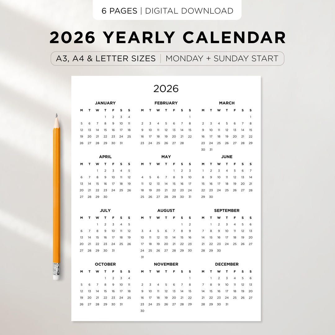 2026 Yearly Calendar Printable | Year at a Glance | Vertical Year ...