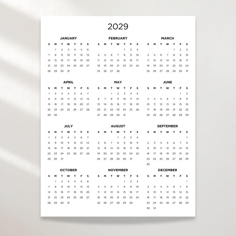 2029 Yearly Calendar Printable | Year at a Glance | Vertical Year ...