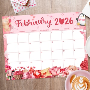 February 2026 Calendar Printable, Valentine's Day Theme, Sunday ...