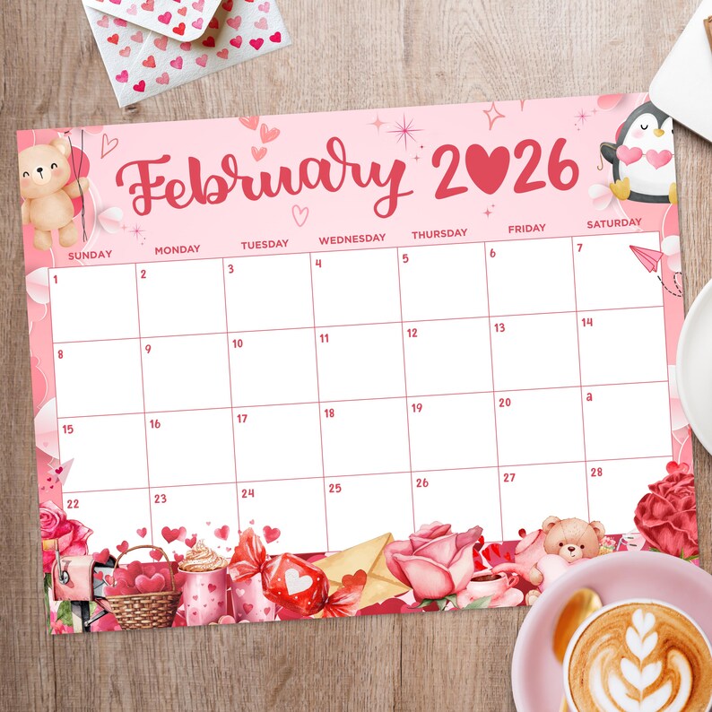 February 2026 Calendar Printable, Valentine's Day Theme, Sunday ...