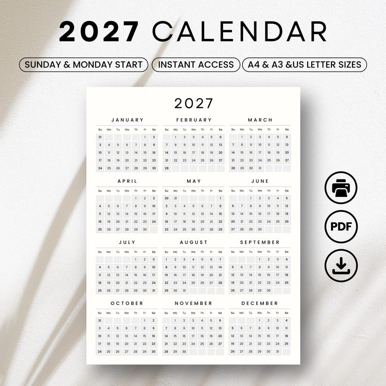 2027 Yearly Calendar Printable | Minimal Wall Planner | Portrait Layout ...