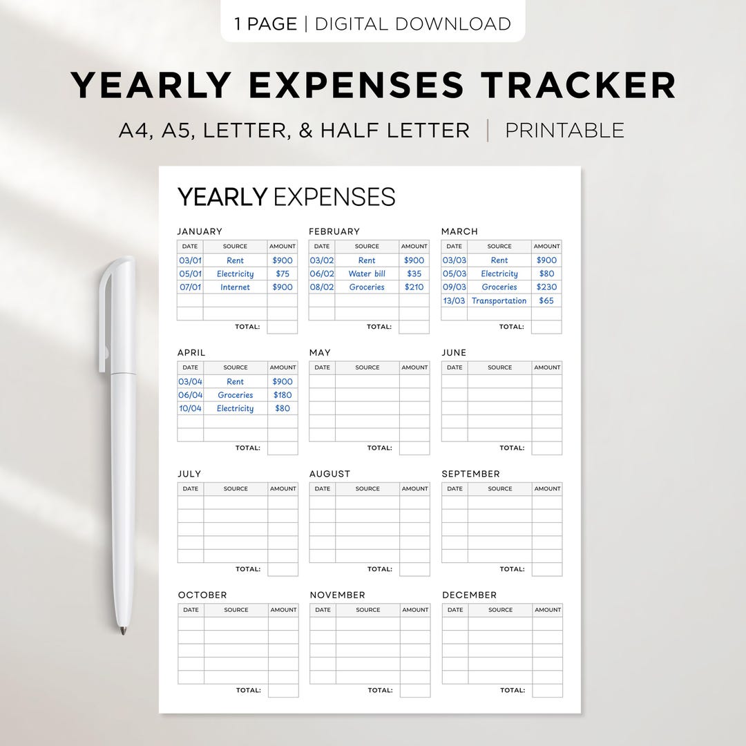 Yearly Expenses Tracker: Annual Spending Log, Minimalist Finance ...