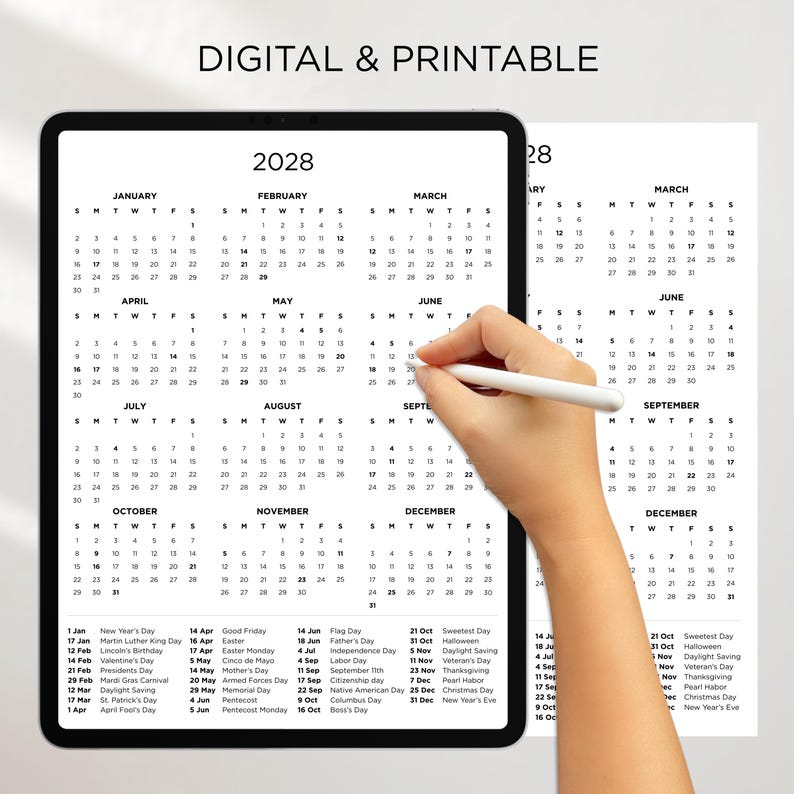 2028 Wall Calendar Printable | Yearly Calendar With Holidays | Vertical ...