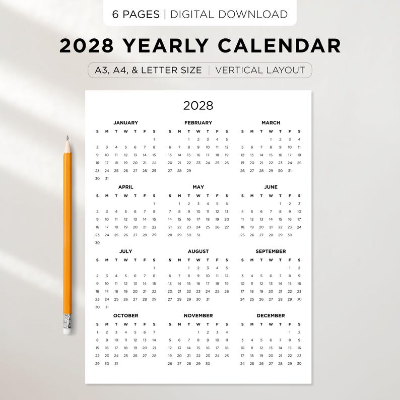 2028 Yearly Calendar Printable | Year at a Glance | Vertical Year ...