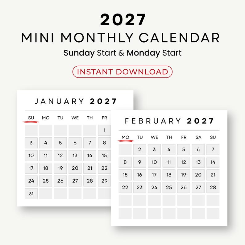 Mini 2027 Calendar Printable | 3x3 Inch Monthly Planner | Sunday ...