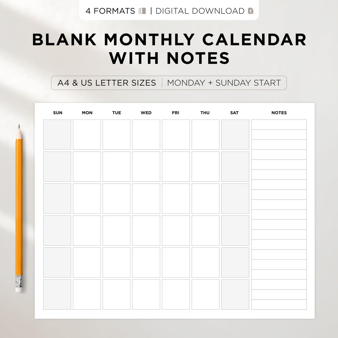 Blank Monthly Calendar With Notes: Undated Monthly Planner Printable ...