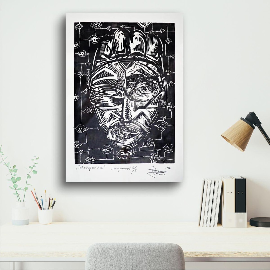 Tribal Mask Linocut Print: Abstract Face, Black and White (digital ...