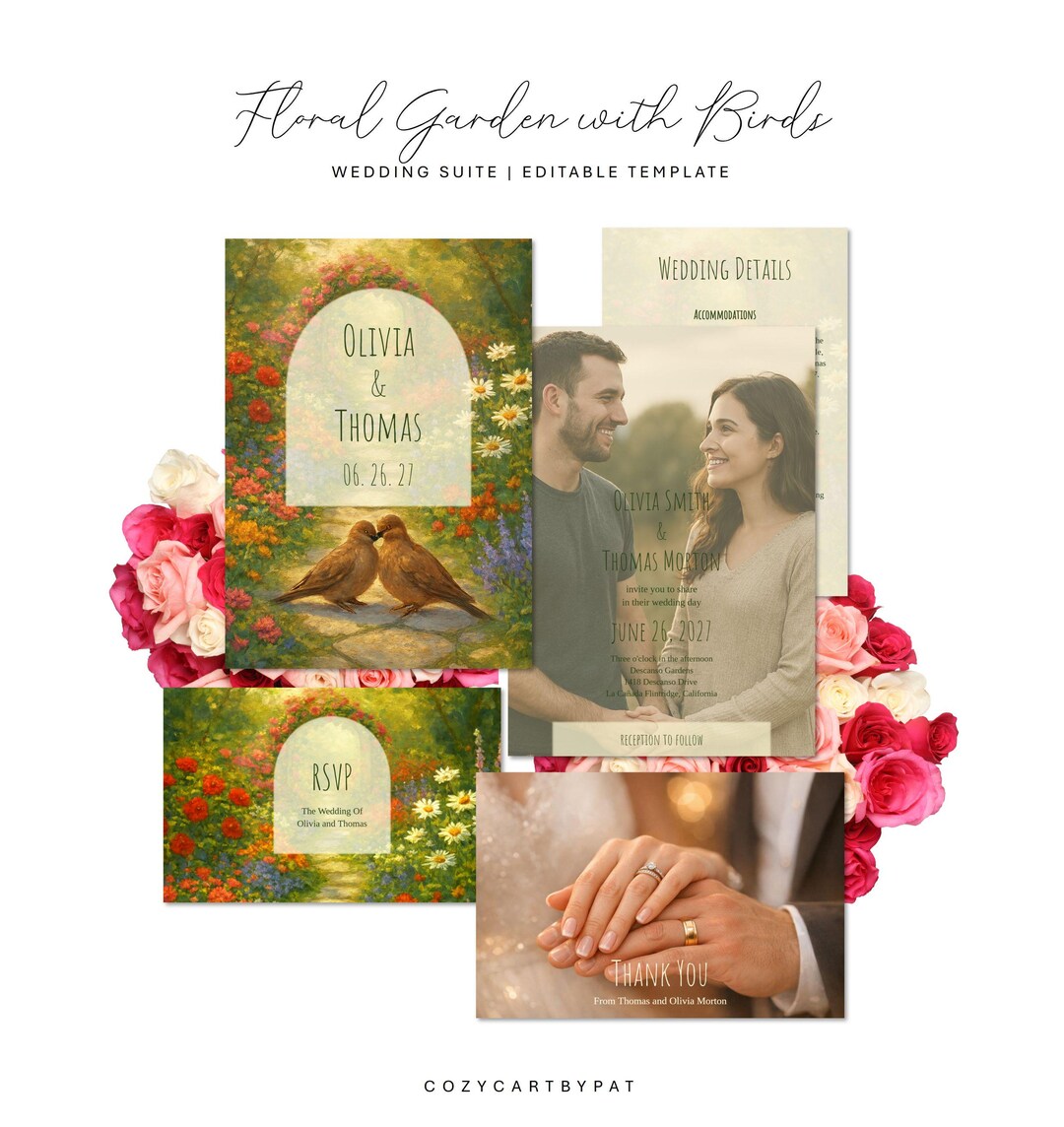 Whimsical Floral Garden Wedding Suite Featuring 2 Birds - Invitation ...