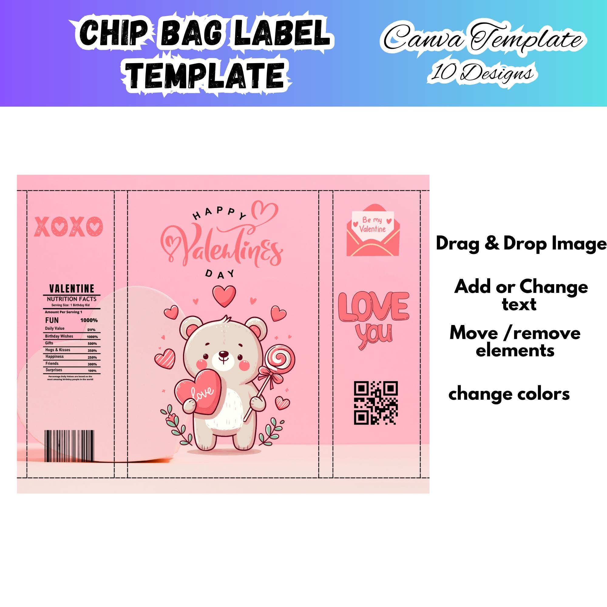 10 Valentine's Day Chip Bag Label Canva Editable Template, Romantic ...