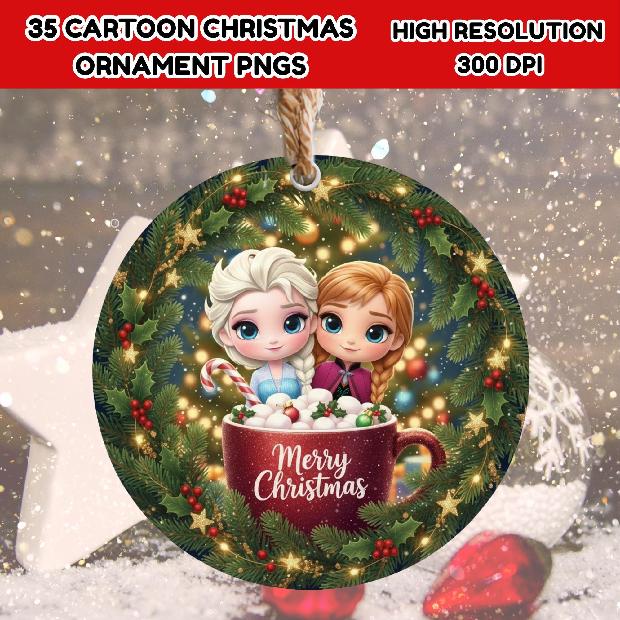 35 Cartoon Christmas Ornament PNG Bundle, Round Hanging Sublimation ...