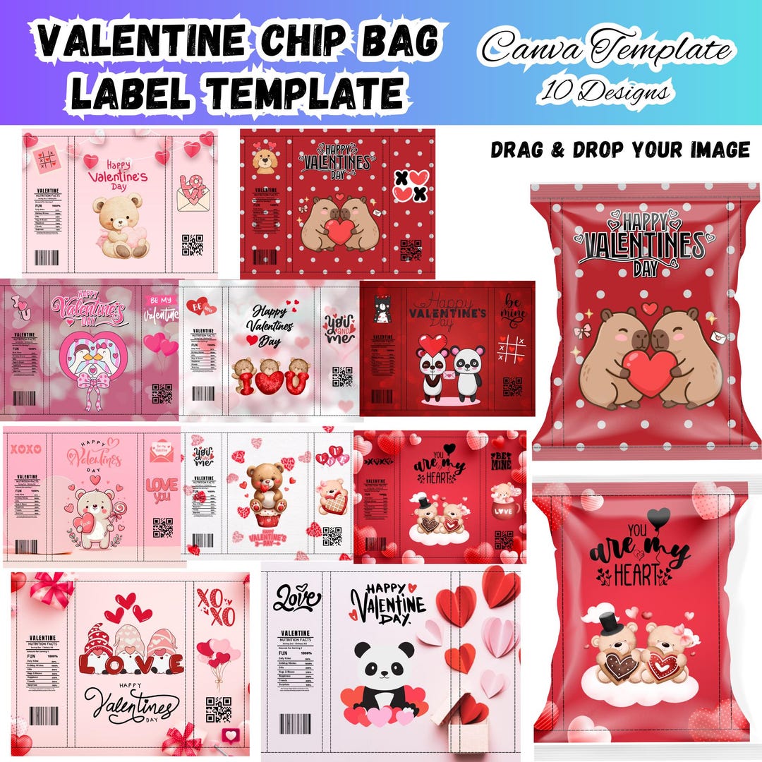 10 Valentine's Day Chip Bag Label Canva Editable Template, Romantic ...