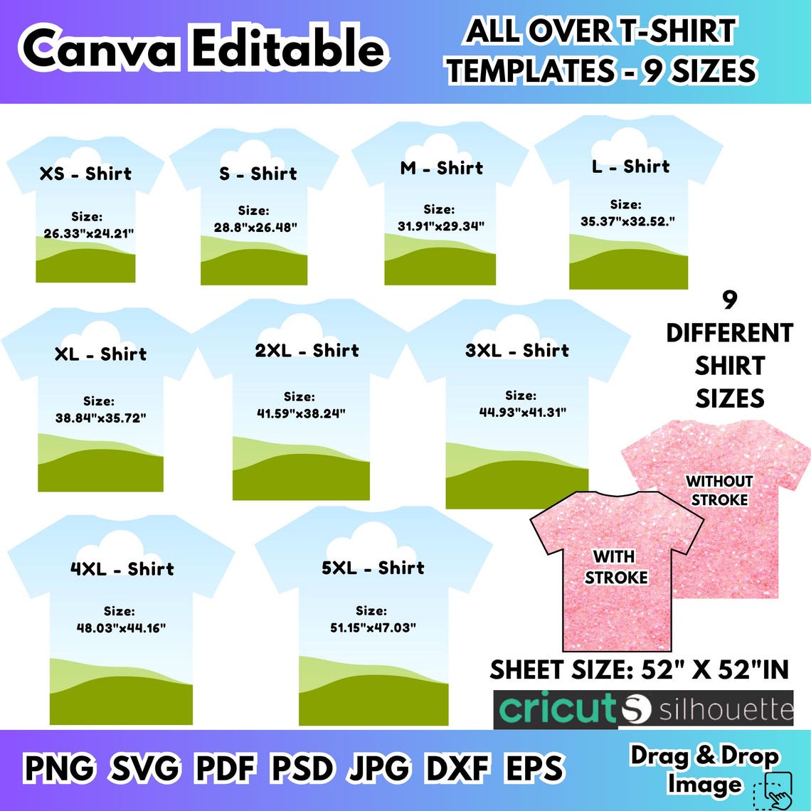 All Over T-shirt Template 9 Sizes Shirt Sublimation Blank Template ...