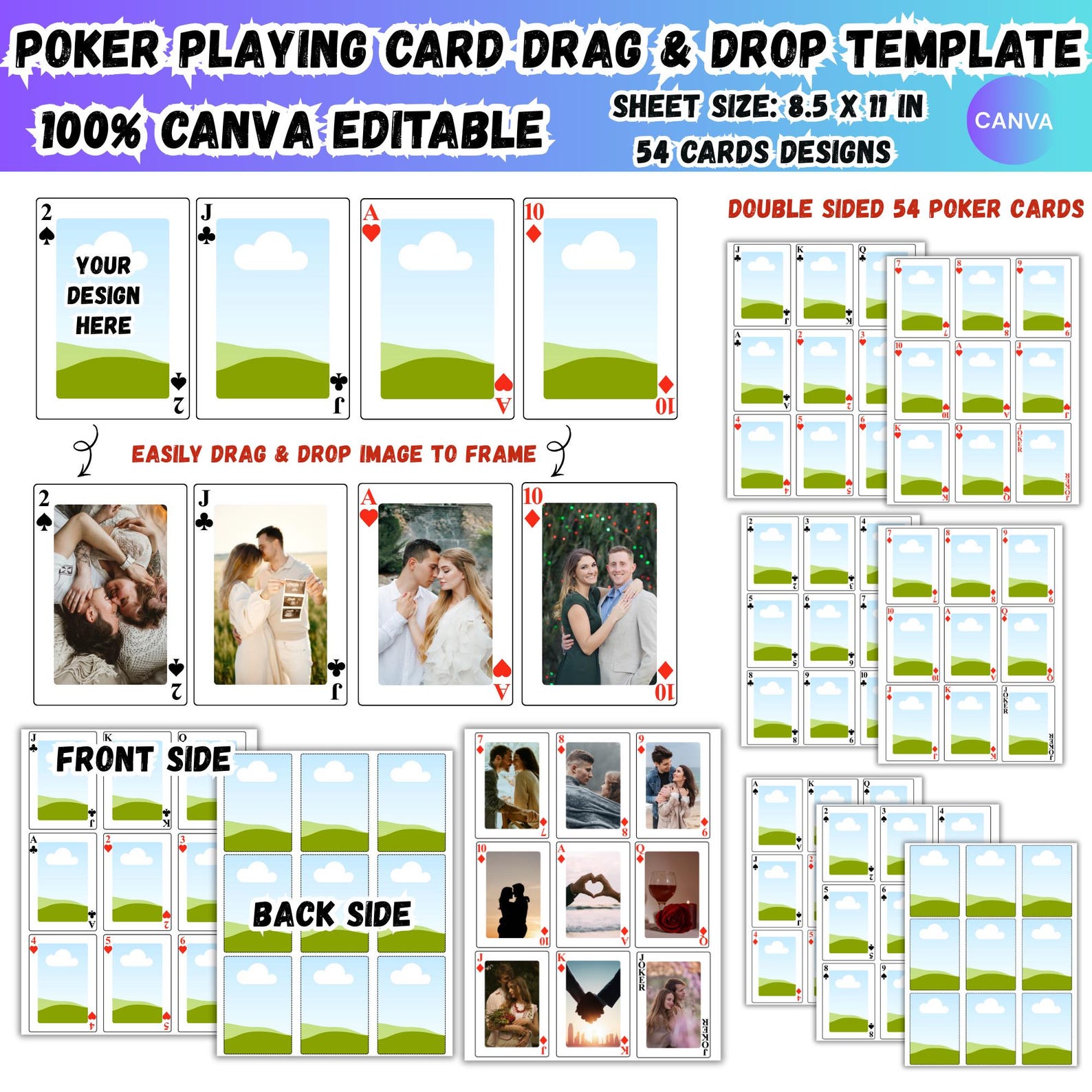 52 Playing Card Canva Editable Template Bundle,custom Party Game DIY ...