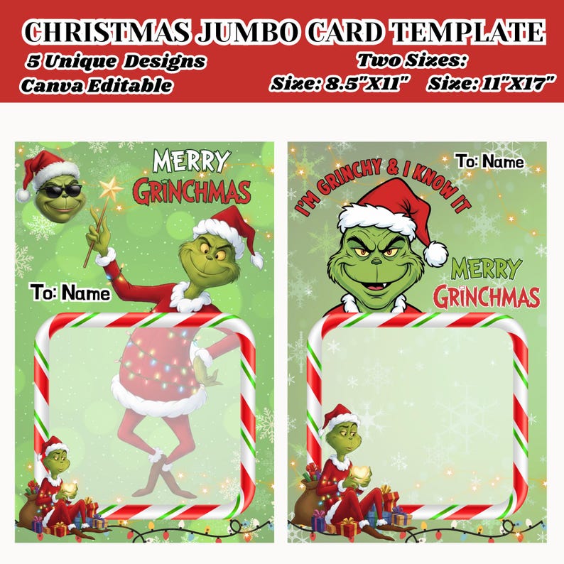 5 Christmas Jumbo Cards Template,canva Editable Grumpy Character Kids ...