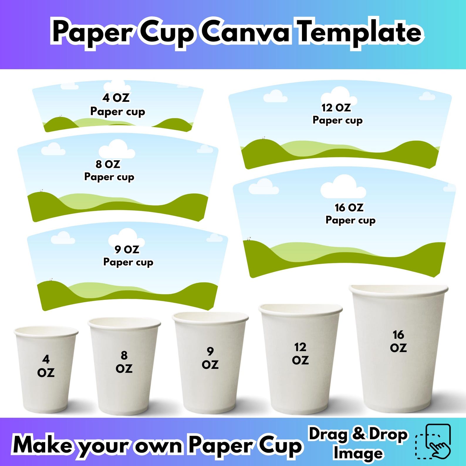 Paper Cup Wrapper Template Bundle,4oz 8oz 9oz 12oz 16oz Paper Cup Blank ...