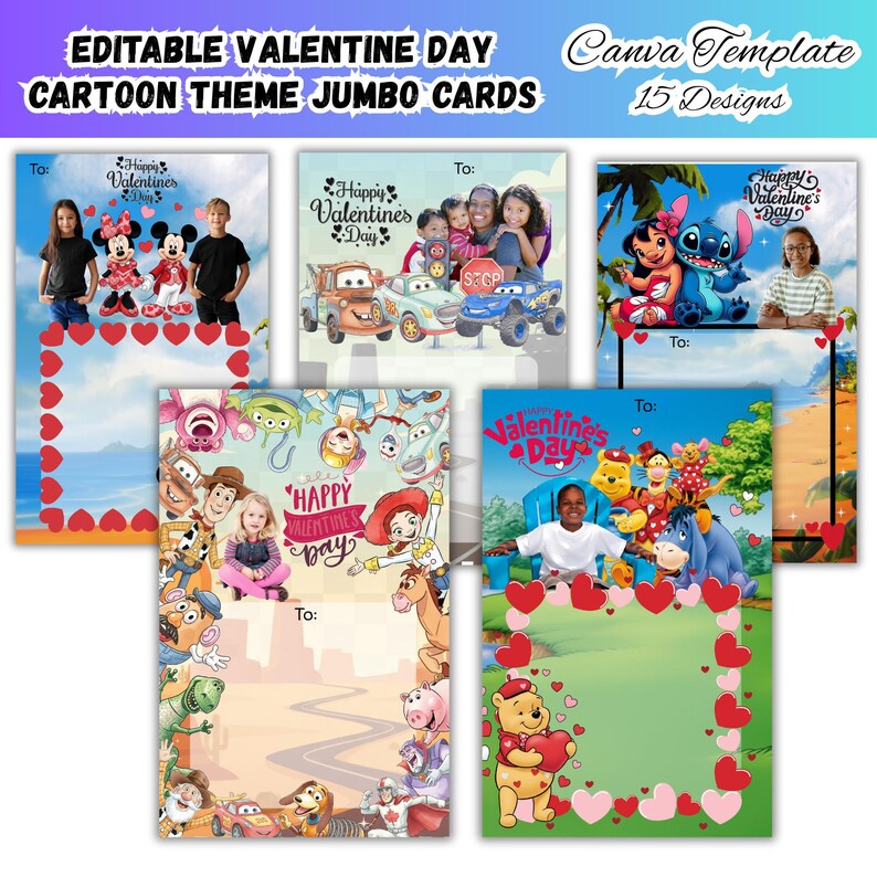 15 Jumbo Valentine Card Template Bundle,cartoon Themed Jumbo Pack Vday ...