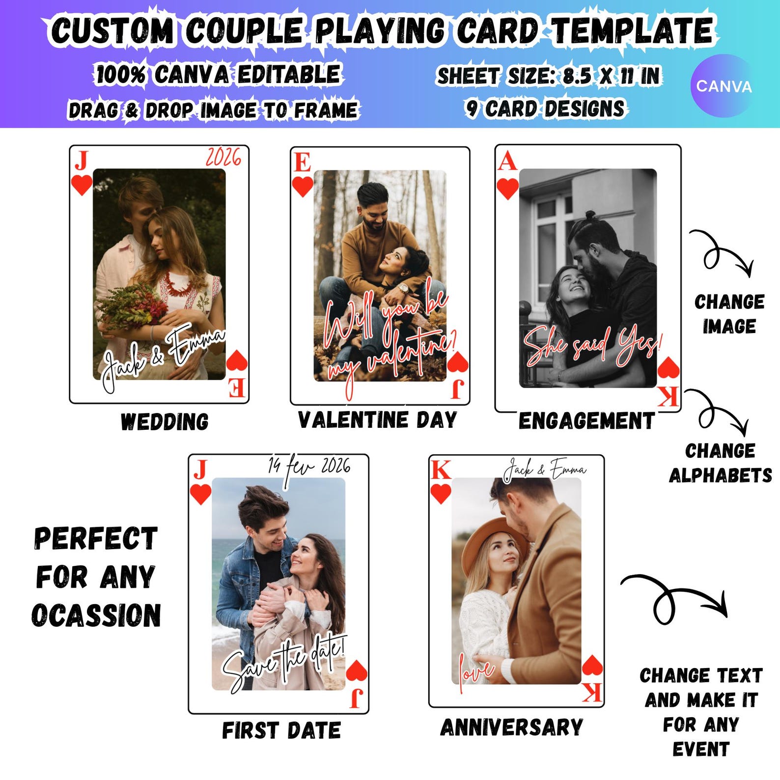 Custom Couple Photo Card Template,canva Editable Playing Card Photo Car ...